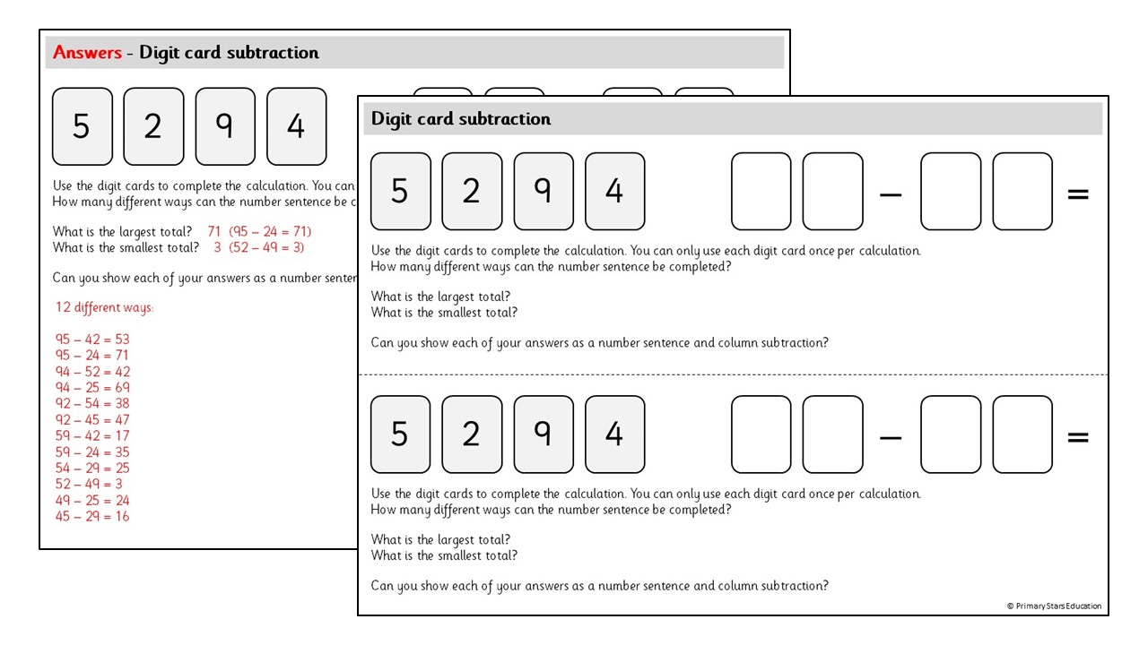Digit card subtraction | Investigation – Primary Stars Education