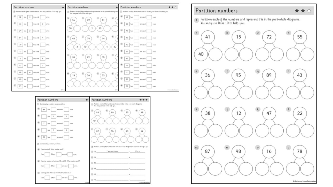 Partition numbers (within 100) | Worksheets – Primary Stars Education