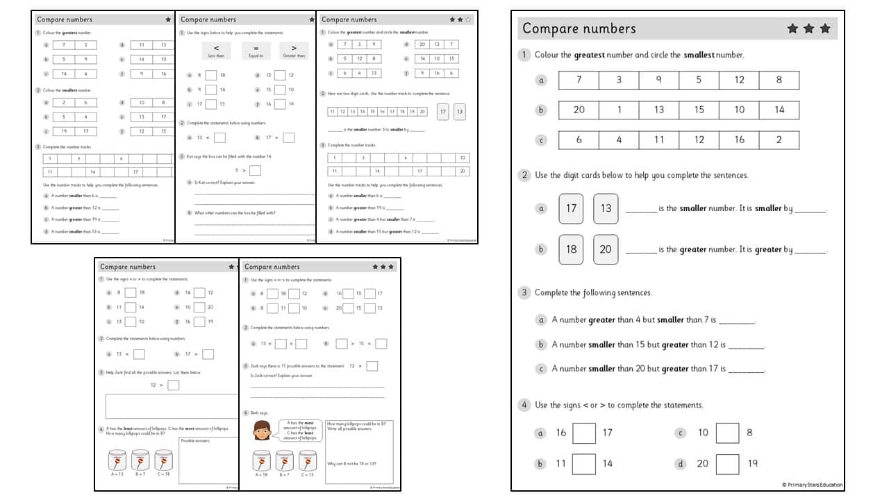 Compare numbers (within 20) | Worksheets – Primary Stars Education