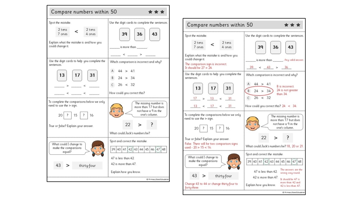 Compare numbers within 50 | Mastery Cards – Primary Stars Education