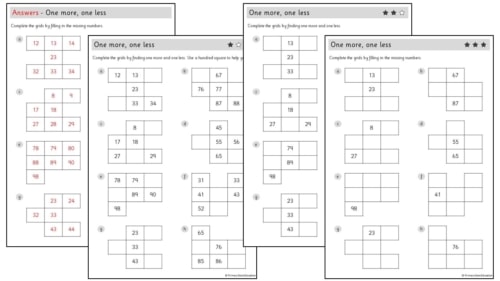 One more, one less (within 100) | Worksheets – Primary Stars Education